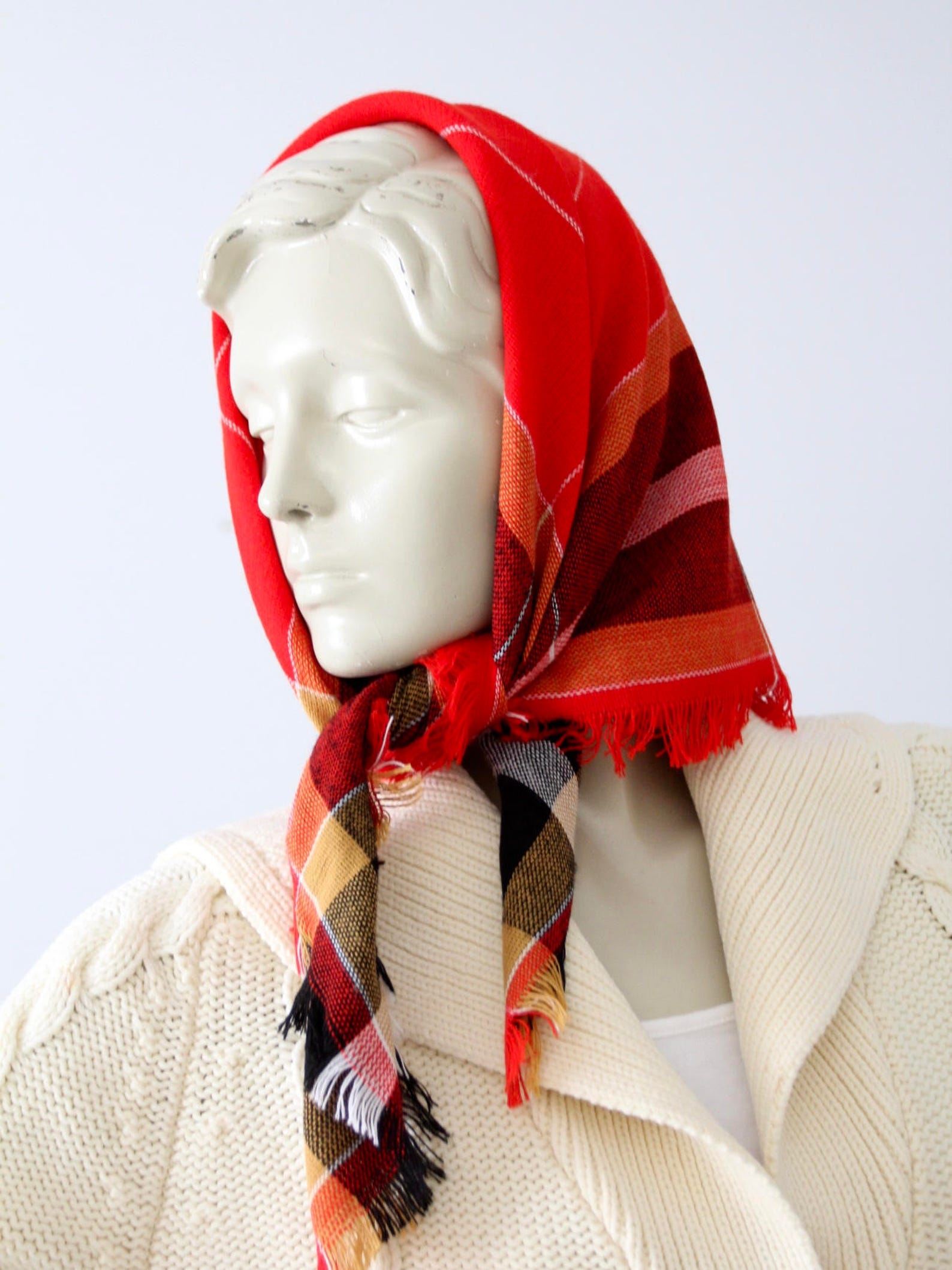 Vintage Plaid Scarf, 1960s Red Black and Tan Woven Fringe Head Scarf - Etsy
