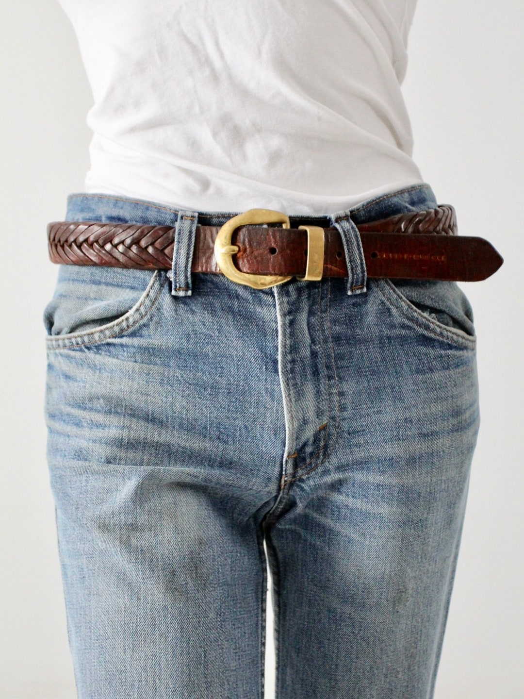 Vintage Braided Leather Belt With Solid Brass Buckle - Etsy