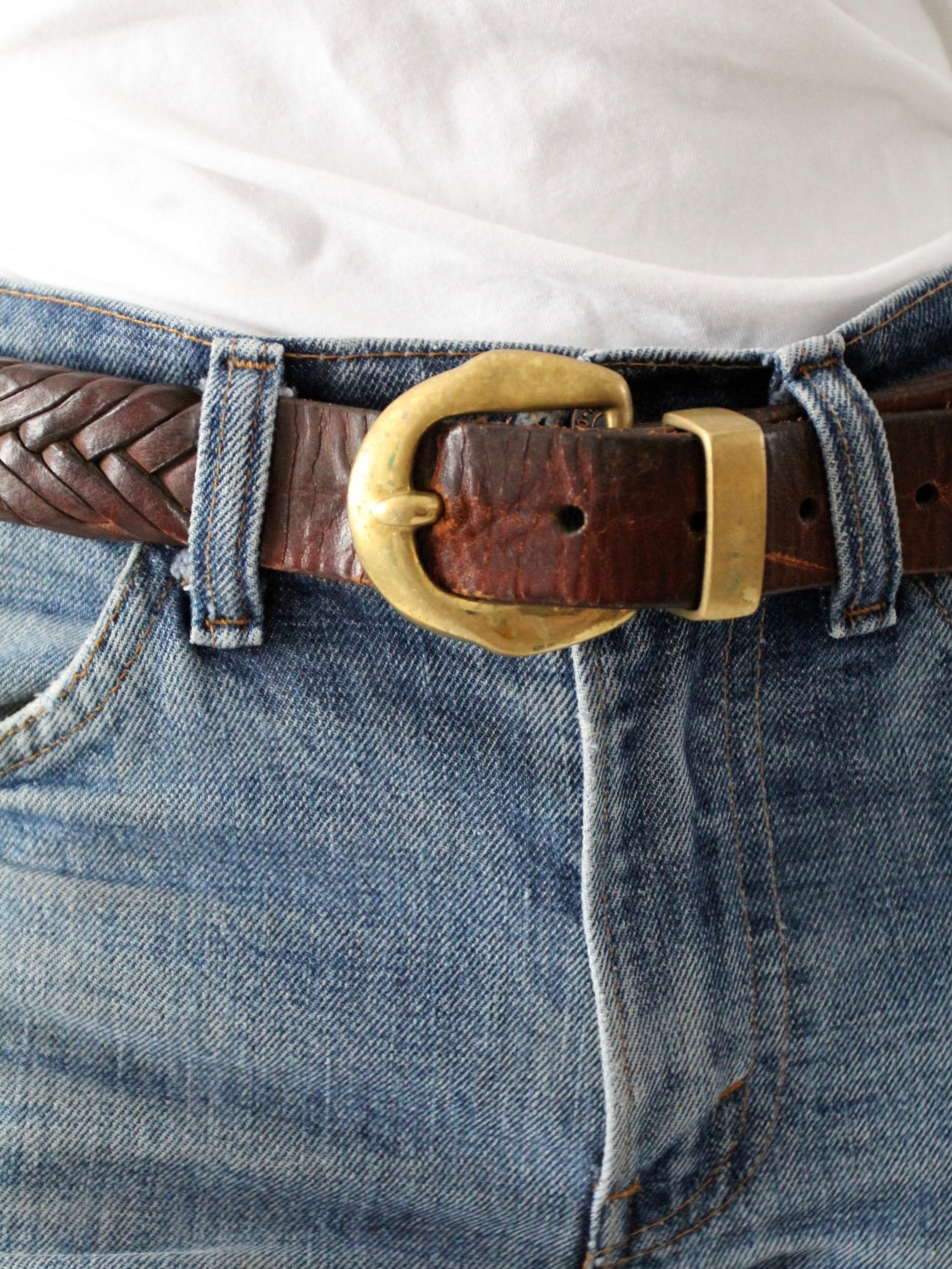Vintage Braided Leather Belt With Solid Brass Buckle - Etsy