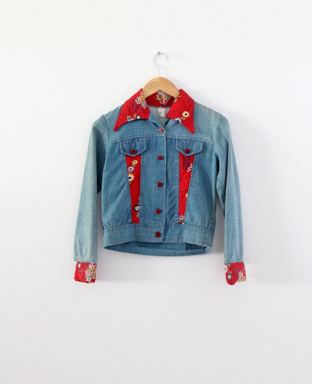 1970s Patchwork Denim Jacket, Vintage Calico Inlay Crop Jean Jacket - Etsy