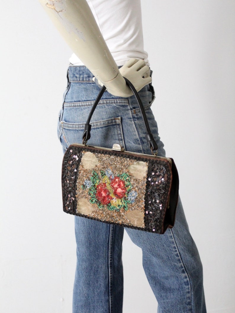 Caron of Houston Handbag - 1960s Black Satin Beaded Top Handle Bag - Etsy