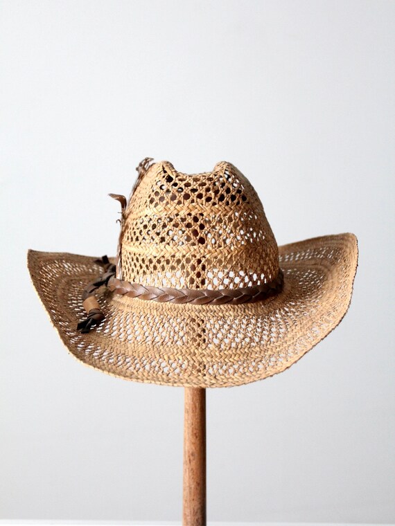 vintage open weave straw cowboy hat - Gem
