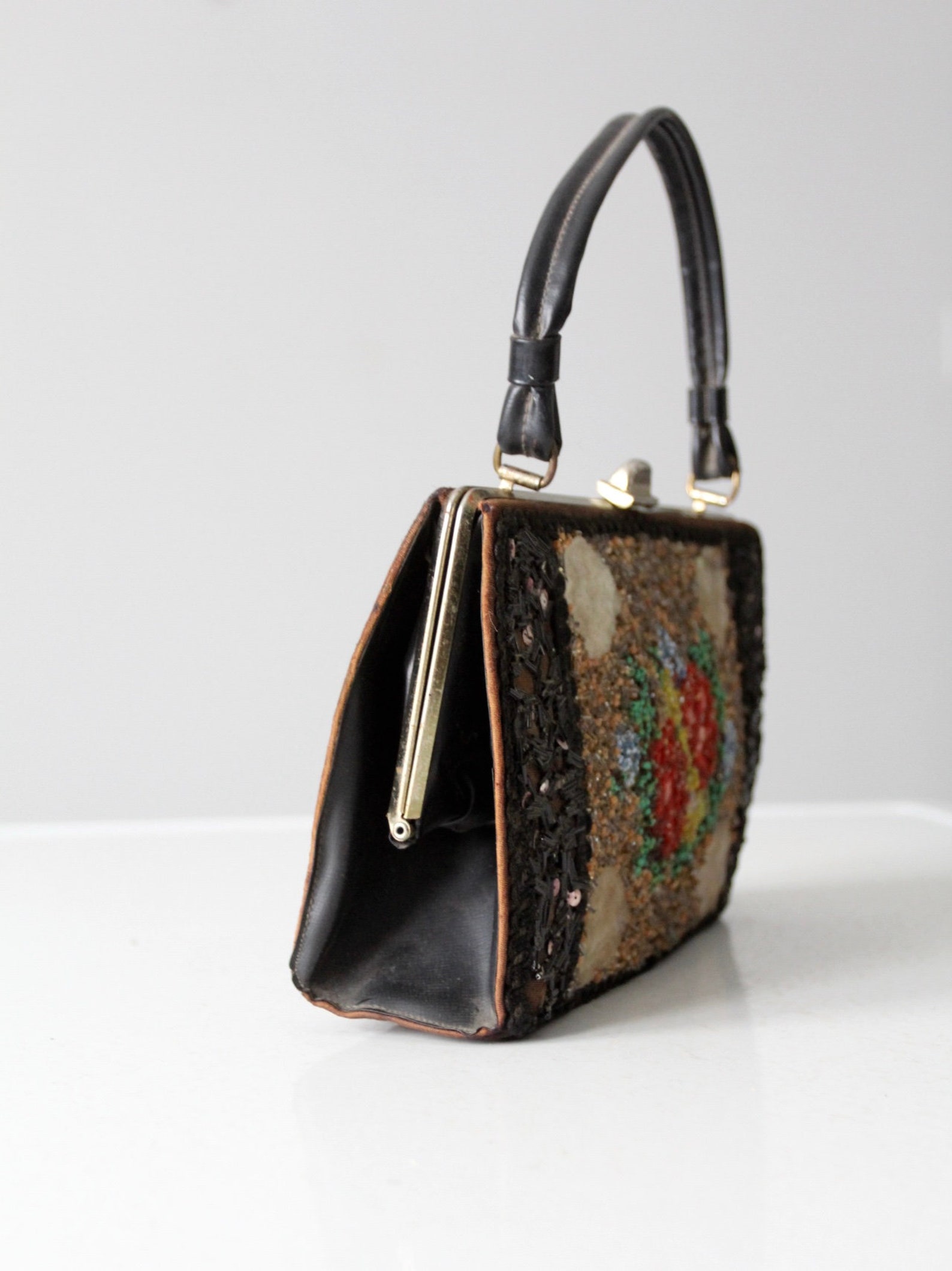 Caron of Houston Handbag - 1960s Black Satin Beaded Top Handle Bag - Etsy