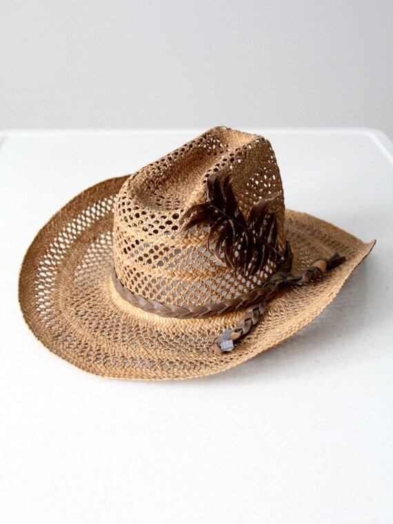vintage open weave straw cowboy hat - Gem