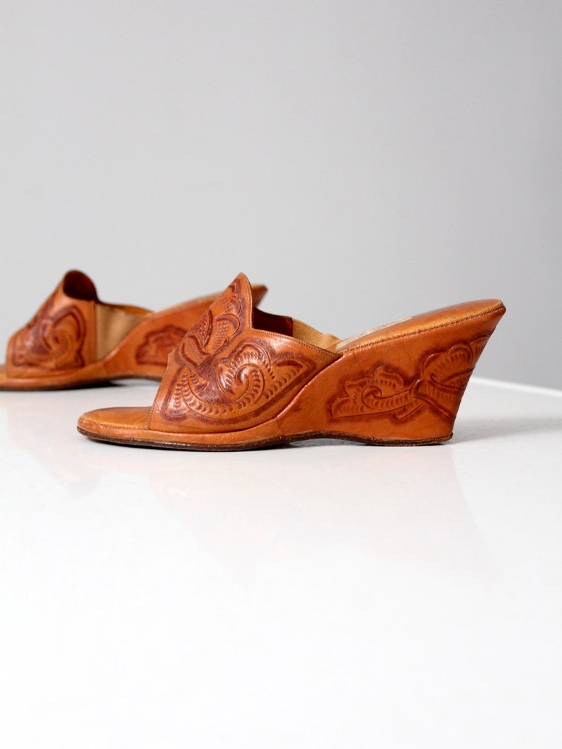 Vintage 1950s Tooled Leather Wedges, Southwestern Slides - Etsy