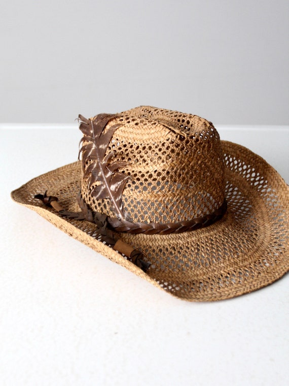 vintage open weave straw cowboy hat - Gem