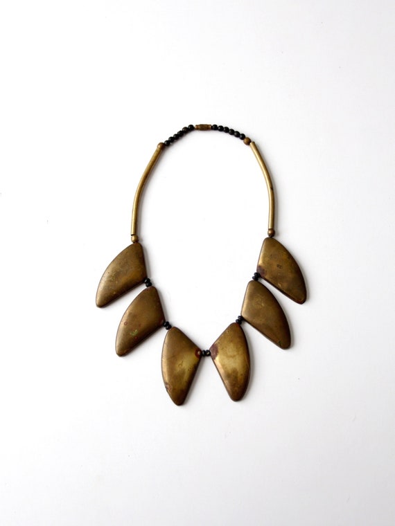 Vintage brass bib necklace and bracelet with textured… - Gem