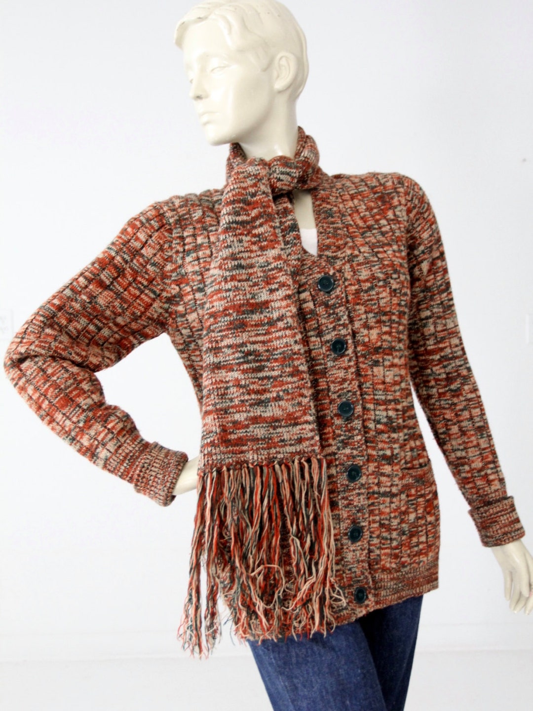 Vintage 70s Knit Cardigan Sweater With Scarf Collar - Etsy