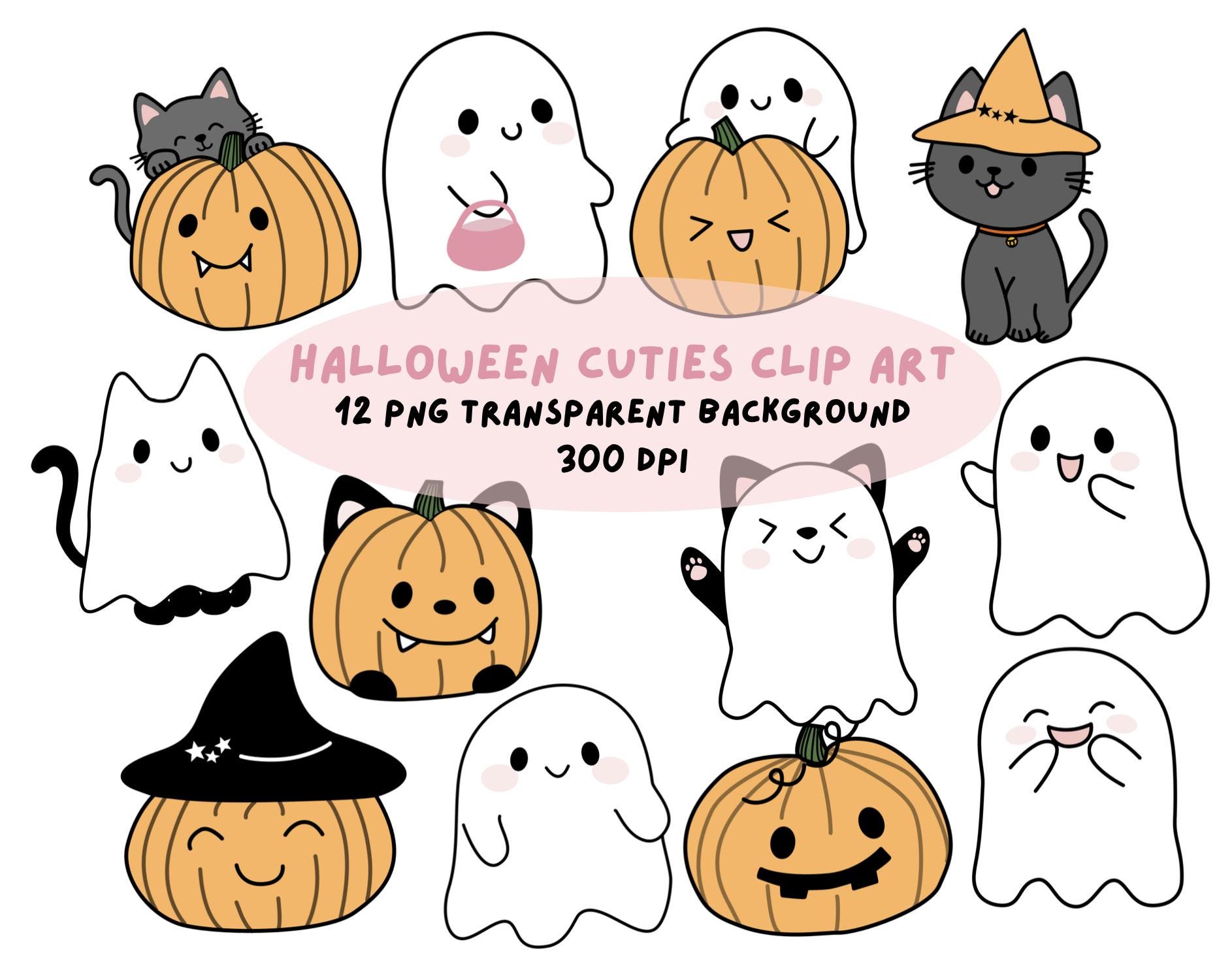 Cute Halloween Clipart Set – 12 Kawaii Ghosts, Pumpkins & Cats | Pastel ...