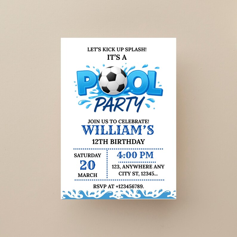 Editable Football Pool Birthday Invitation, Pool Party Birthday Invite ...