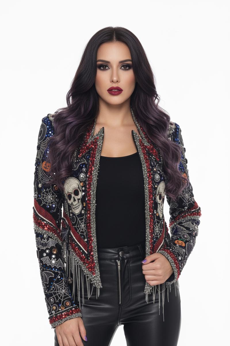 Hand-embroidered Halloween Jacket – Beaded Skull & Pumpkin Blazer ...