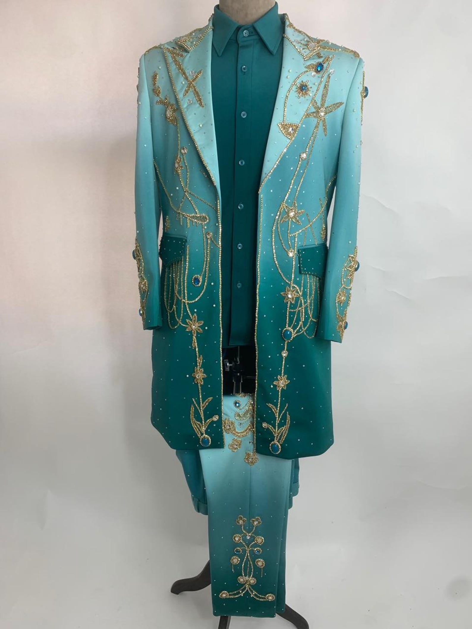 Men’s Teal 3-piece Suit Set – Hand-embroidered Gold & Crystal Detailing ...