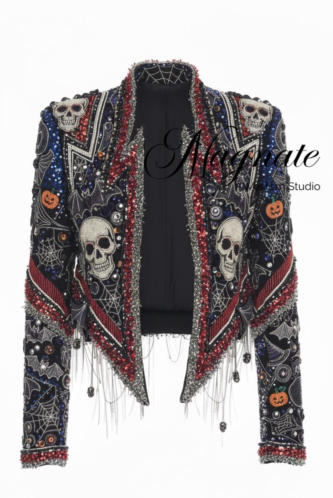 Hand-embroidered Halloween Jacket – Beaded Skull & Pumpkin Blazer ...
