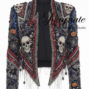 Hand-embroidered Halloween Jacket – Beaded Skull & Pumpkin Blazer ...