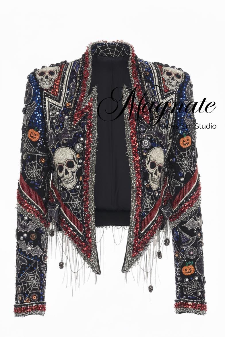 Hand-embroidered Halloween Jacket – Beaded Skull & Pumpkin Blazer ...