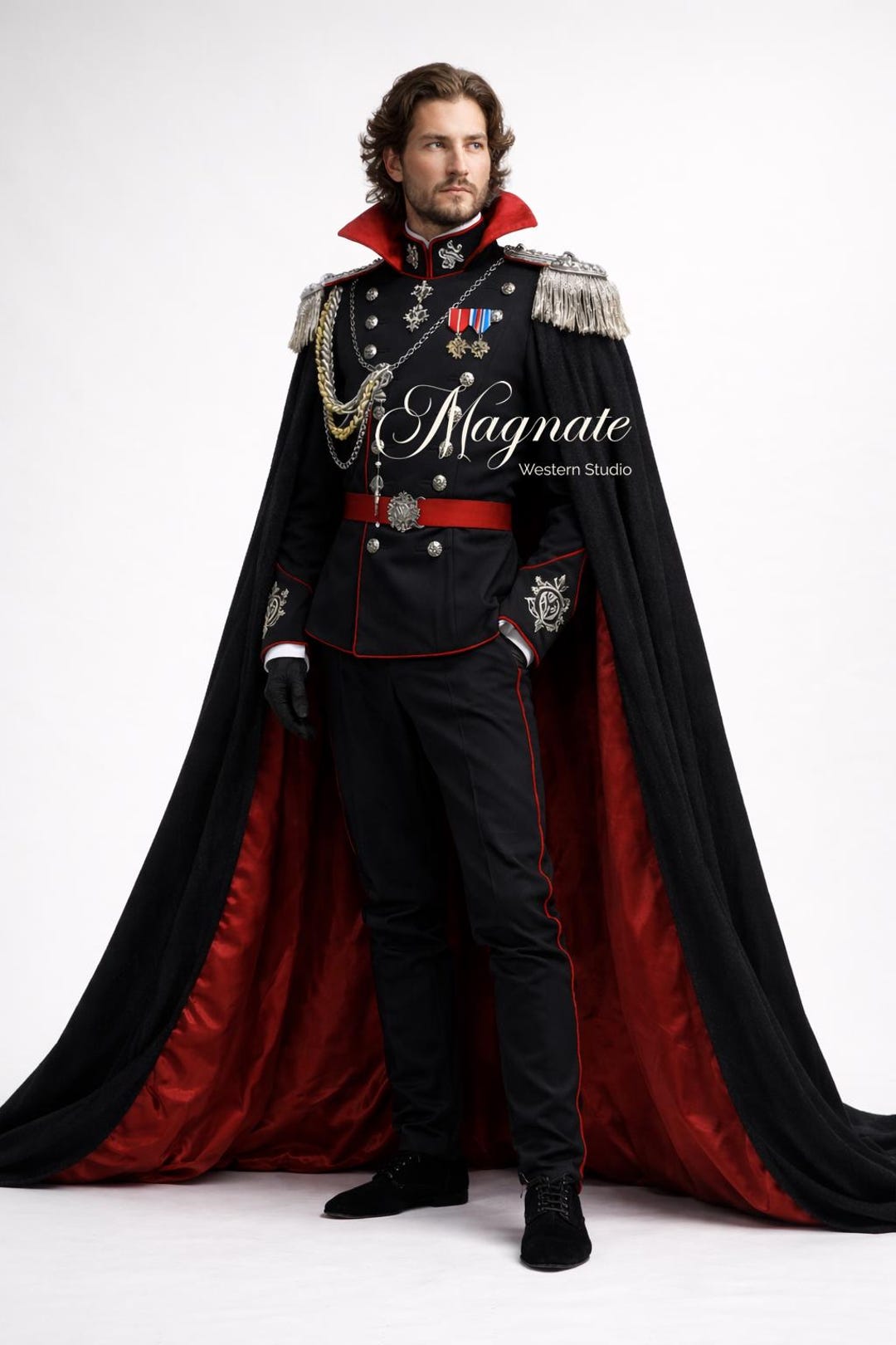 Regal Imperial Military Uniform Set – 3-piece Black, Red Great Cloak ...