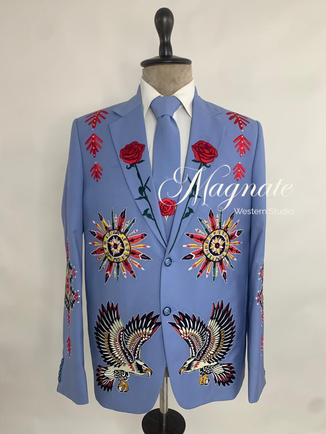 Men’s Blue Western Embroidered Suit Eagle & Rose Custom Cowboy Outfit ...