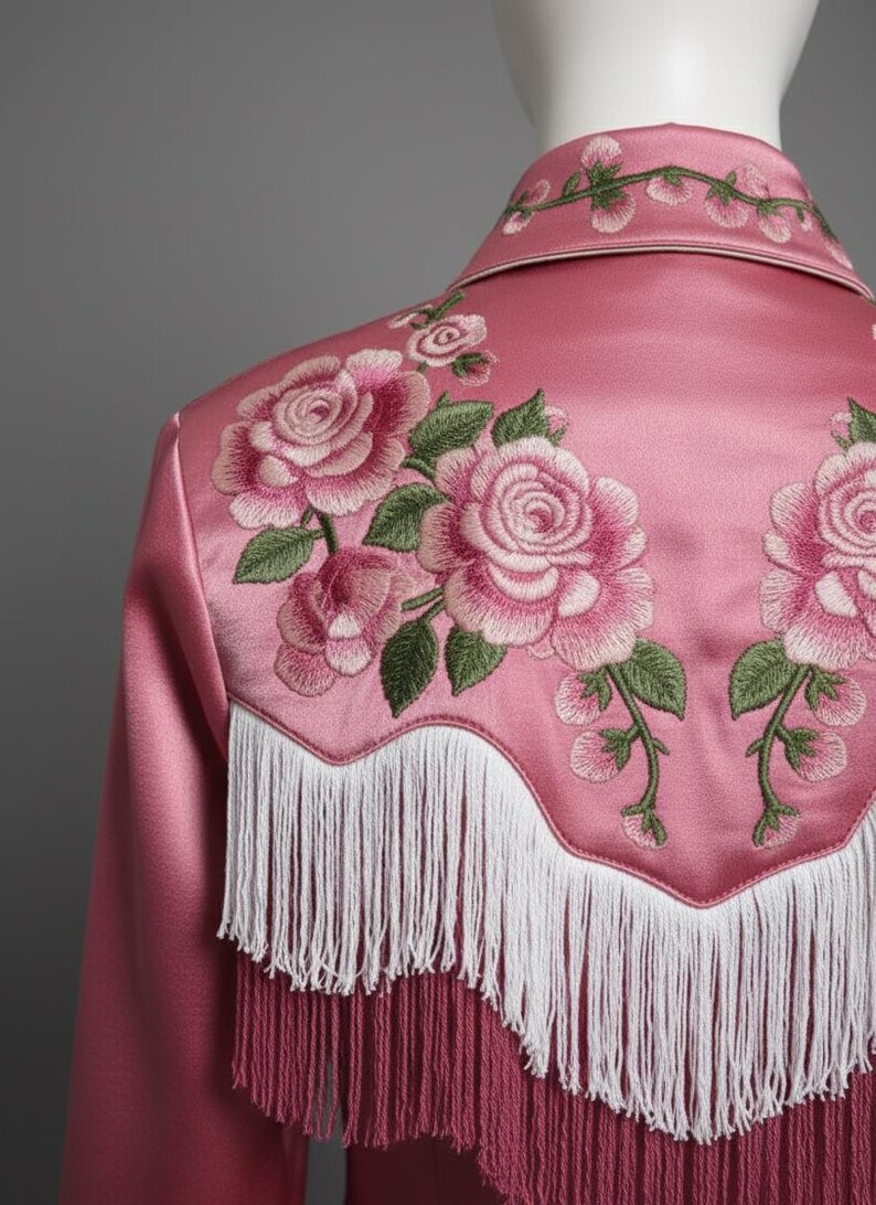 Pink Satin Western Mini Dress With Rose Embroidery and Tiered Fringe ...