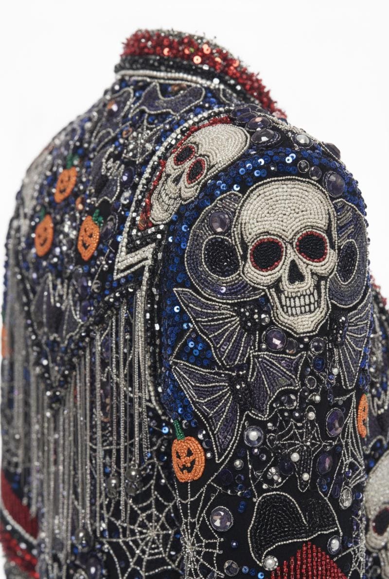 Hand-embroidered Halloween Jacket – Beaded Skull & Pumpkin Blazer ...