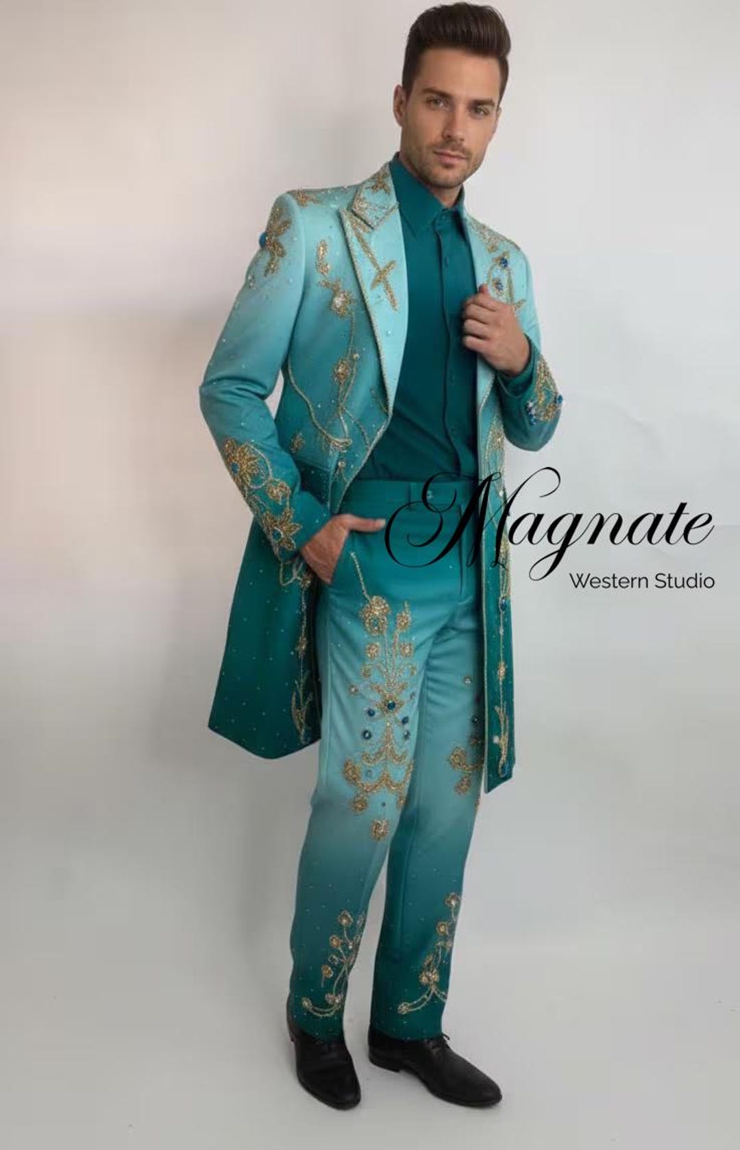 Men’s Teal 3-piece Suit Set – Hand-embroidered Gold & Crystal Detailing ...