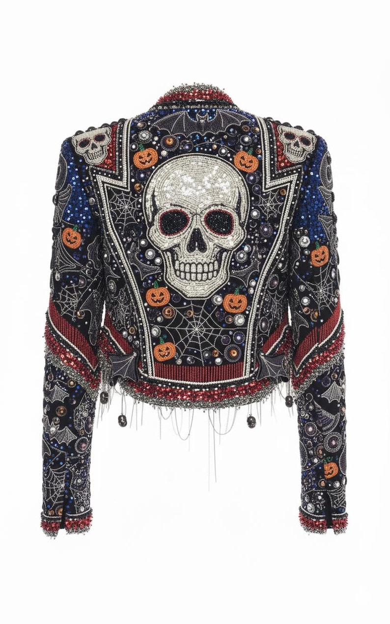 Hand-embroidered Halloween Jacket – Beaded Skull & Pumpkin Blazer ...