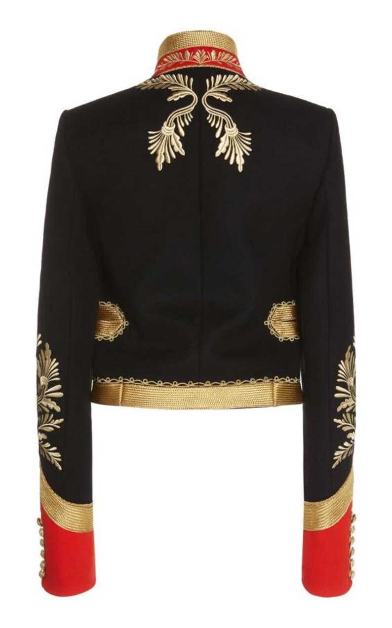 Black Military Crop Jacket Gold Braided Embroidery Red Cuffs Baroque ...