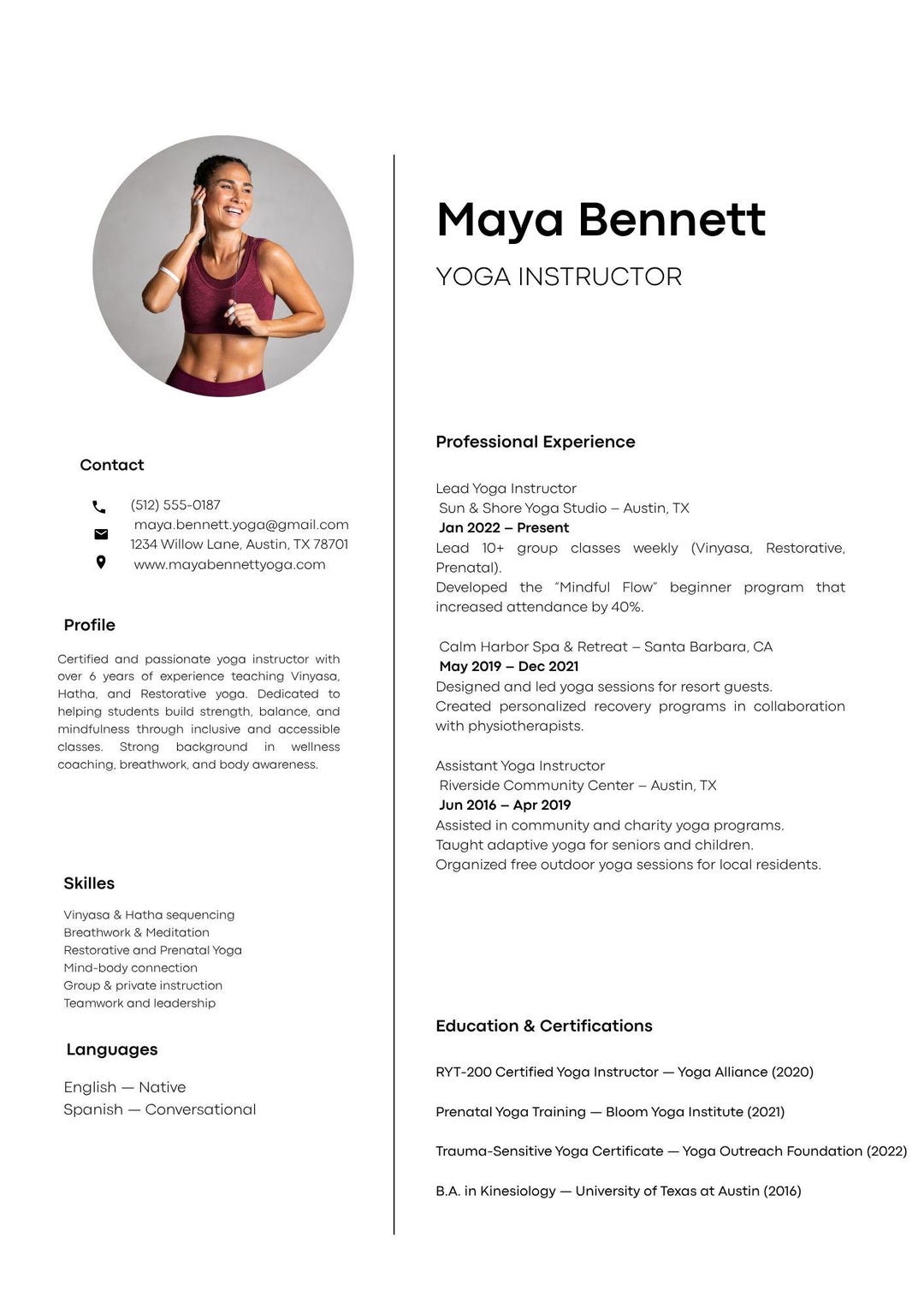 Yoga Instructor Resume Template | Modern Wellness CV | Editable Canva ...
