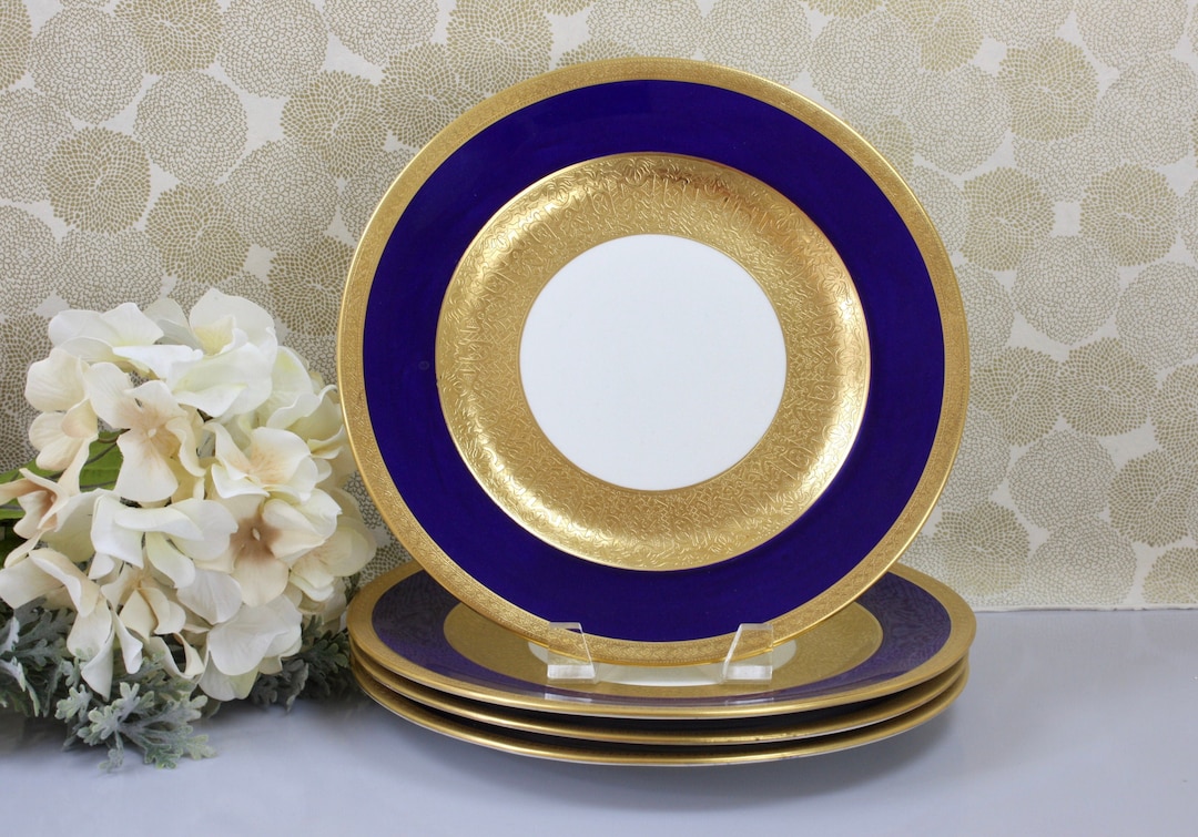 Antique Crown Chelsea Dinner Plates, Gold-encrusted Cobalt China, Set ...