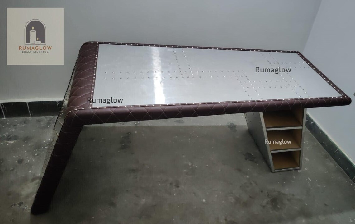 Handmade Aluminum Aviator Desk | Leather Trim, Rivet Design, 60 ...