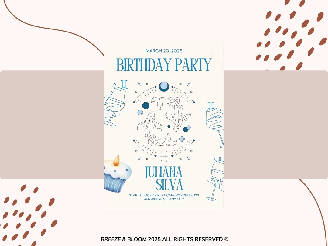 Pisces Birthday Party Invitation: Blue Zodiac E-vite (digital Download ...