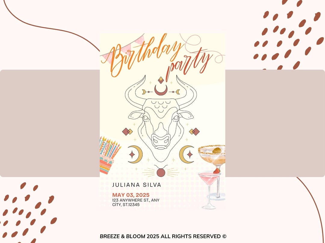 Taurus Birthday Party Invitation: Bull Zodiac, Earth Sign (digital ...
