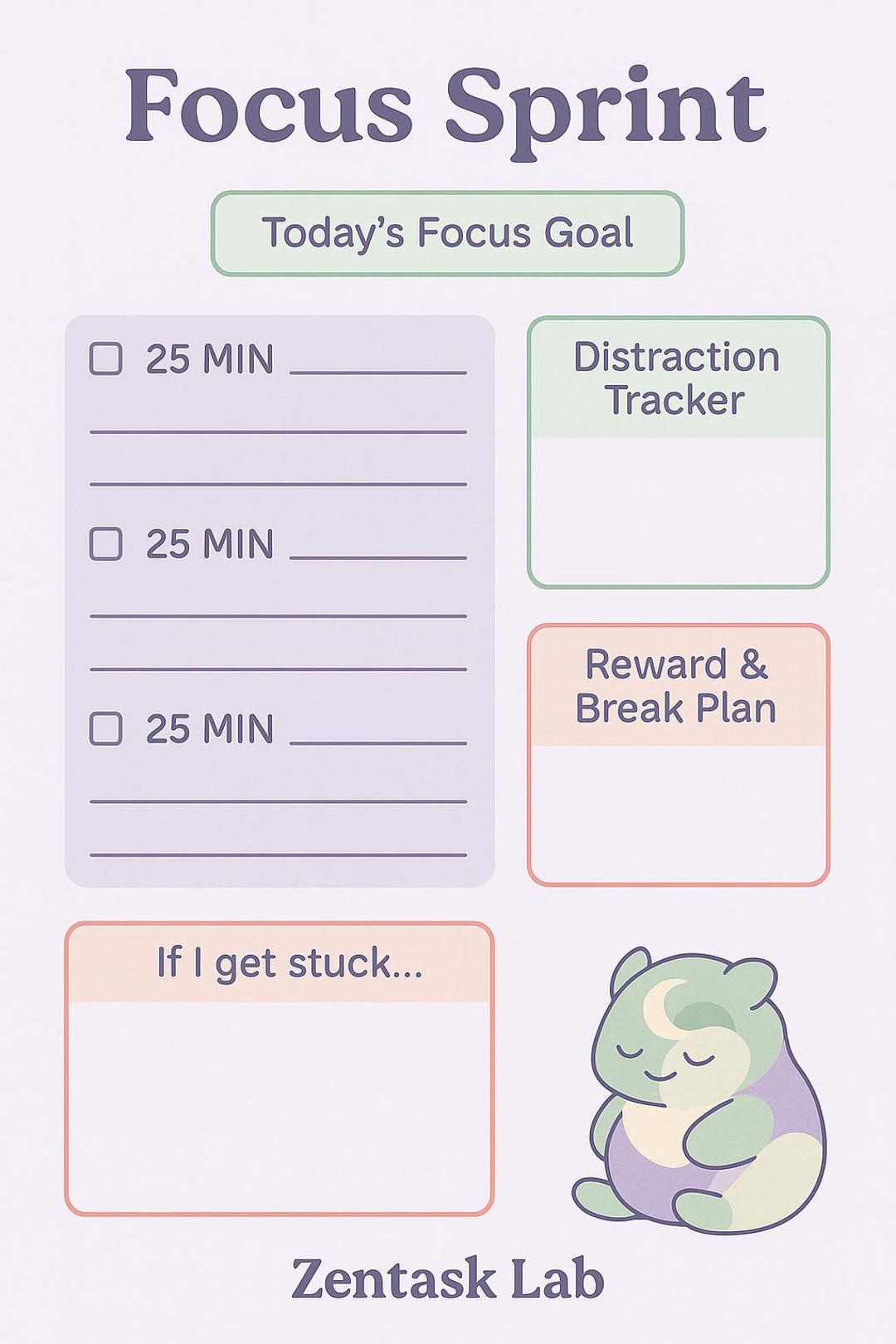 Focus Sprint Planner for ADHD | Printable PDF for Deep Work Sessions ...