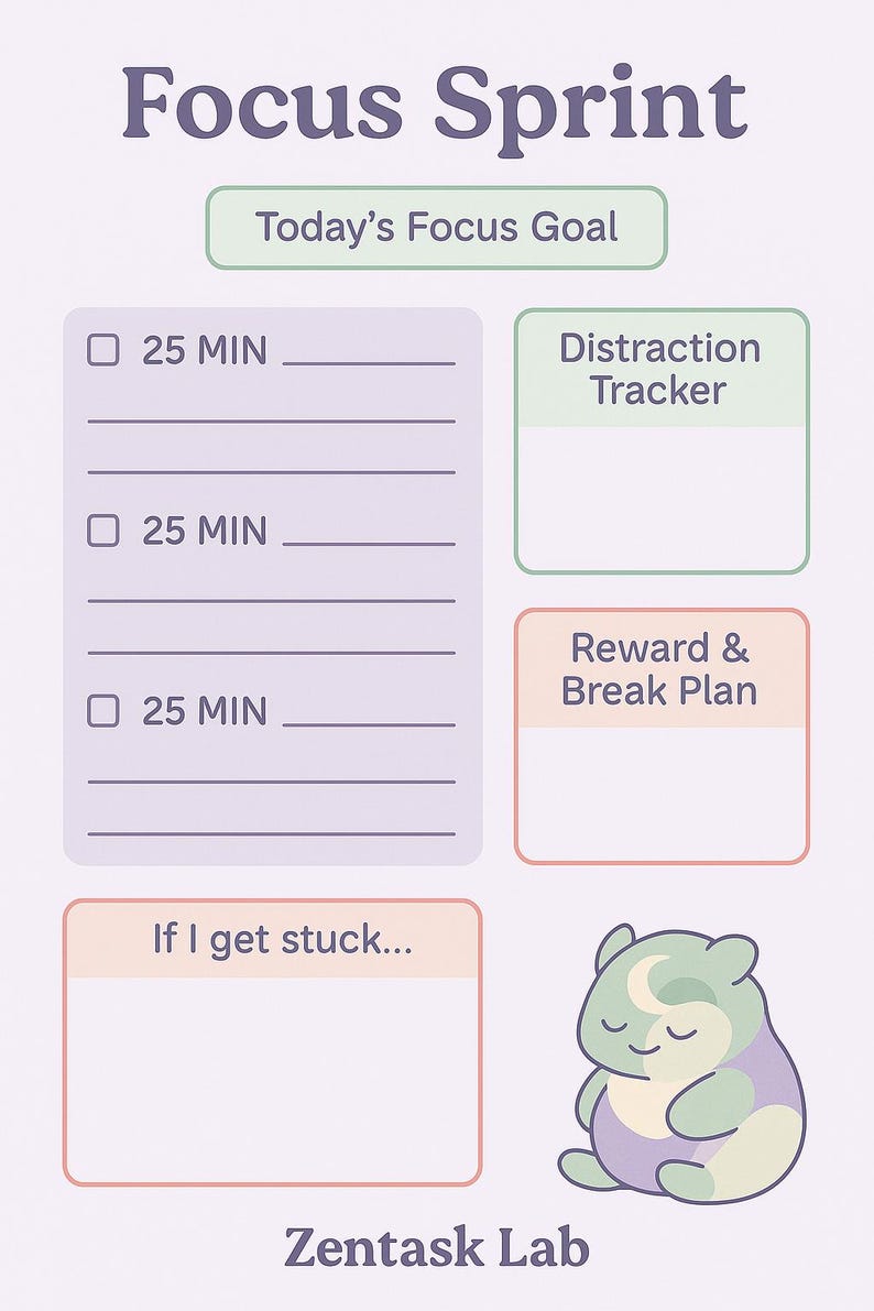 Focus Sprint Planner for ADHD | Printable PDF for Deep Work Sessions ...