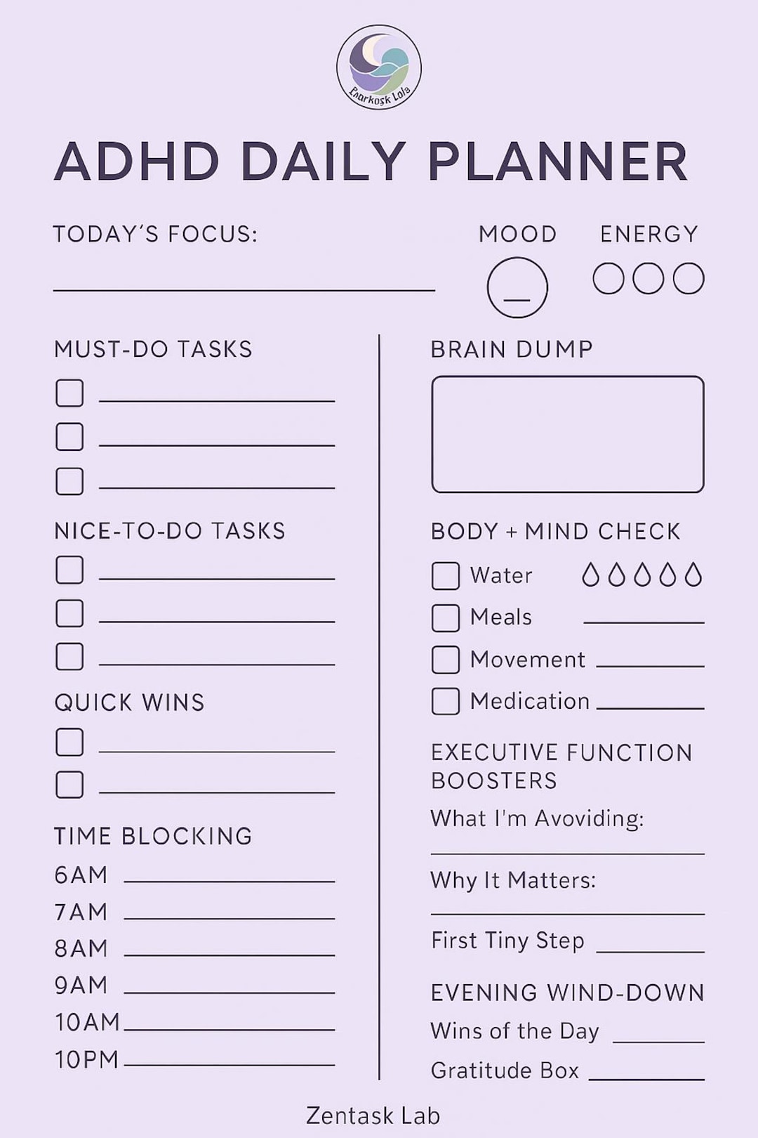Printable ADHD Daily Planner, Zentask Lab, Digital PDF for Focus, Routine & Gentle Productivity ...