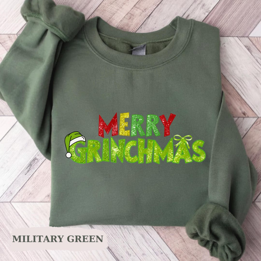 Merry Grinchmas Sweatshirt, Grinch Sequin Texture Family Xmas Tshirt ...