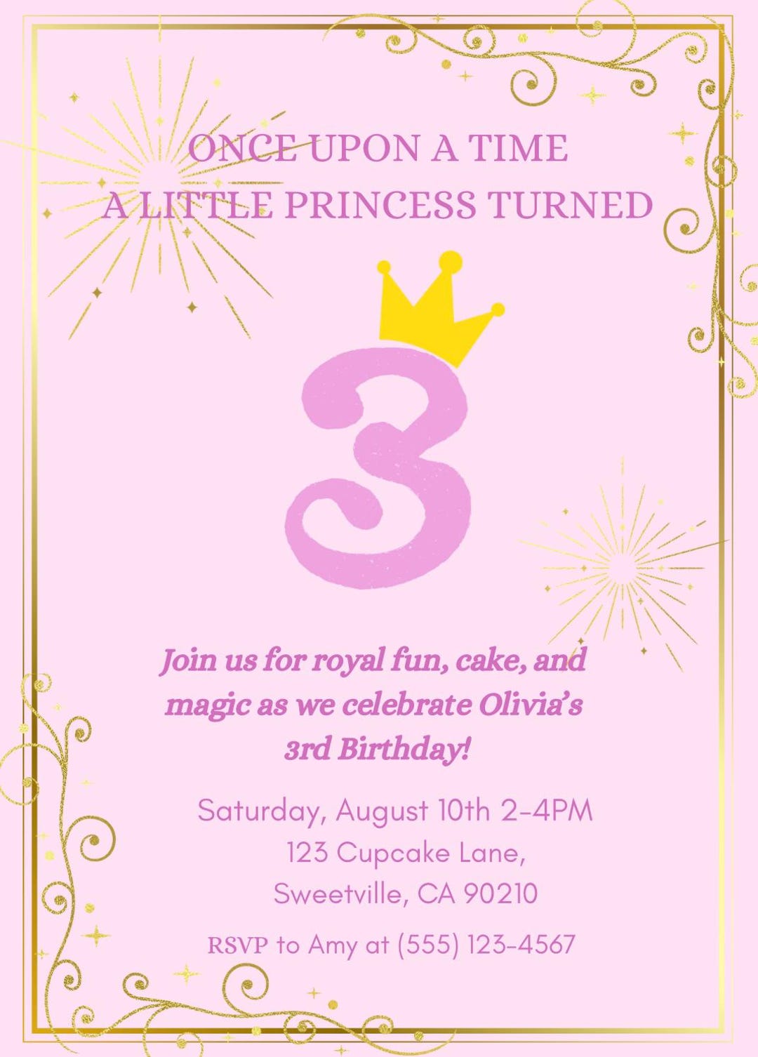3rd Birthday Princess Invitation Customizable Birthday Invites Princess ...