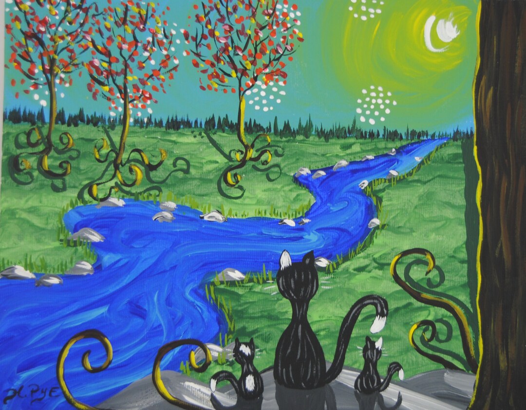 Original Cat Art Whimsical Cat Wall Art Black and White Cat Tuxedo Cat ...