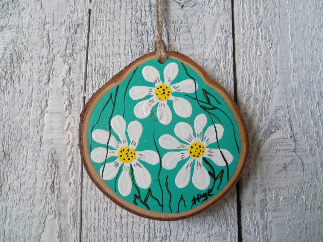 Handmade Christmas Ornaments - Hand Painted Daisy on Wood Slice - Nova ...