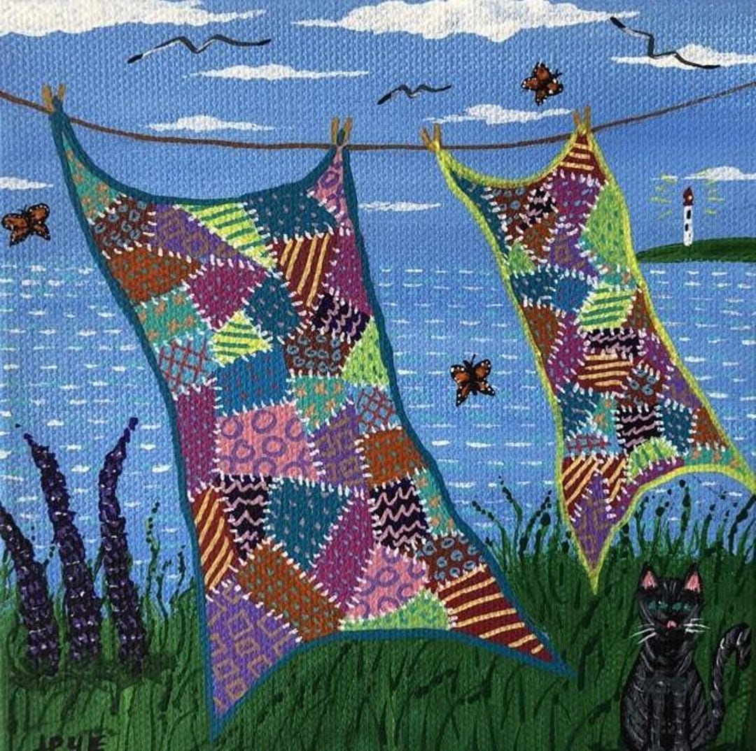 Cat Quilt Butterfly Painting Original Folk Art on Stretched Canvas ...