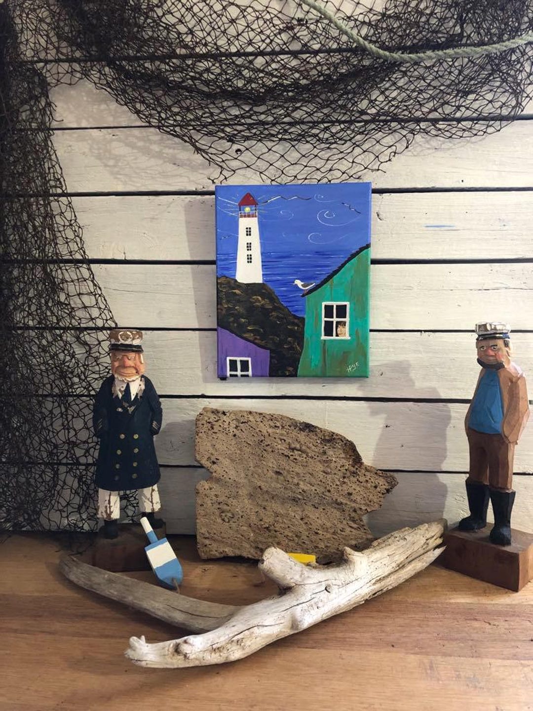 Lighthouse Painting and Shacks - Maritime Wall Art - Folk Art - Ocean ...