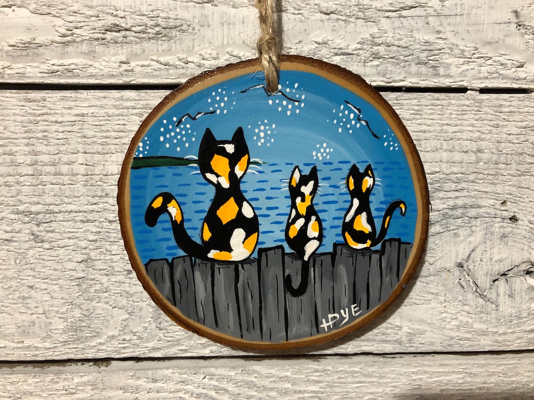 Handmade Christmas Ornaments - Calico Cat Painting on Wood Slice - Nova ...
