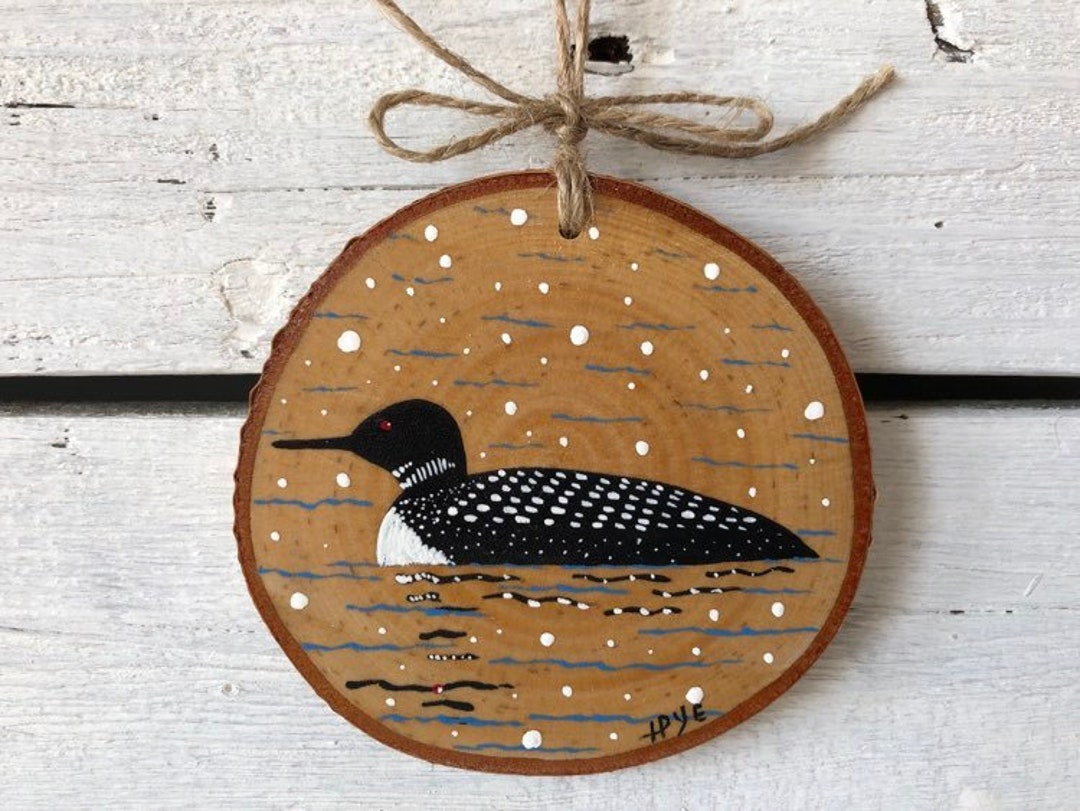 Snowy Nova Scotia Loon Ornament on Wood Slice Loon Christmas Tree ...