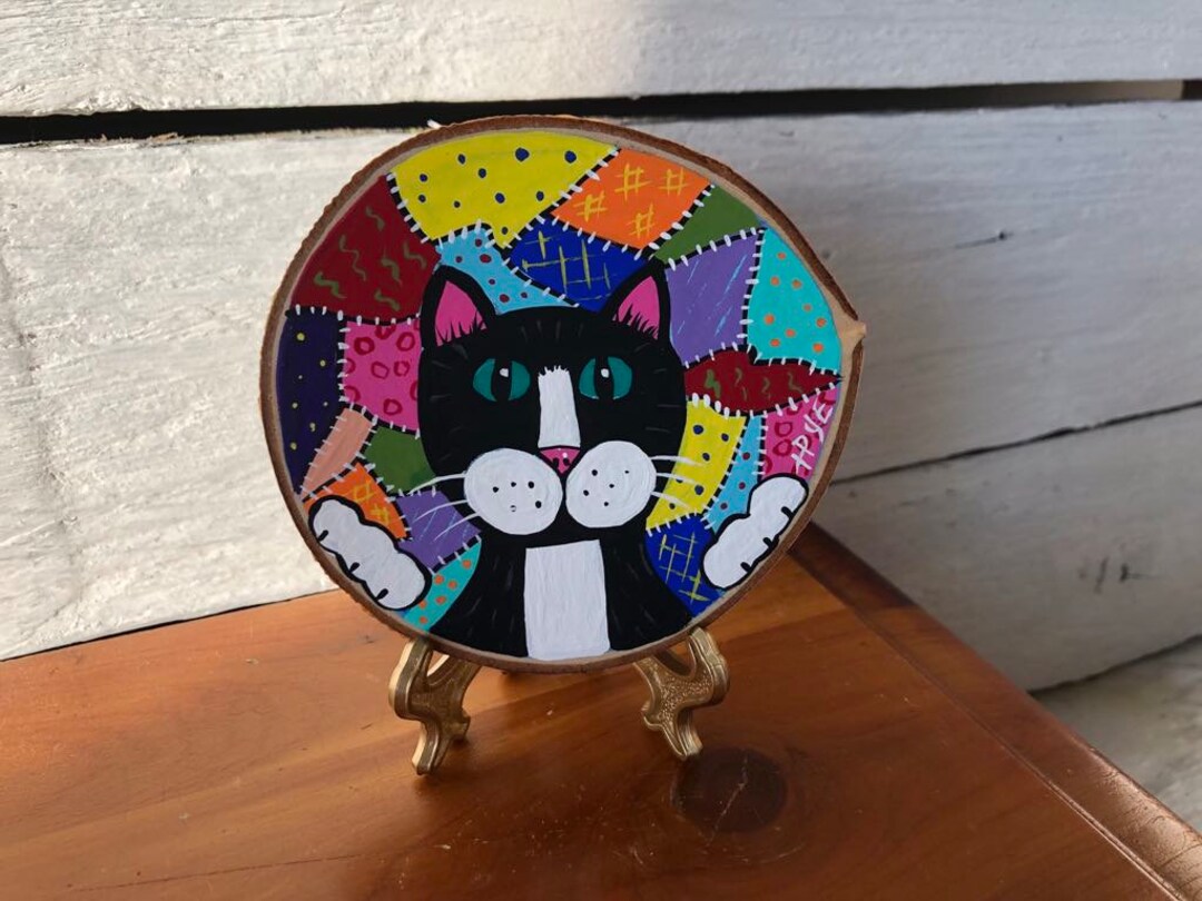 Original Tuxedo Cat Painting on Wood Slice Cat and Quilt Wall Art Hand ...