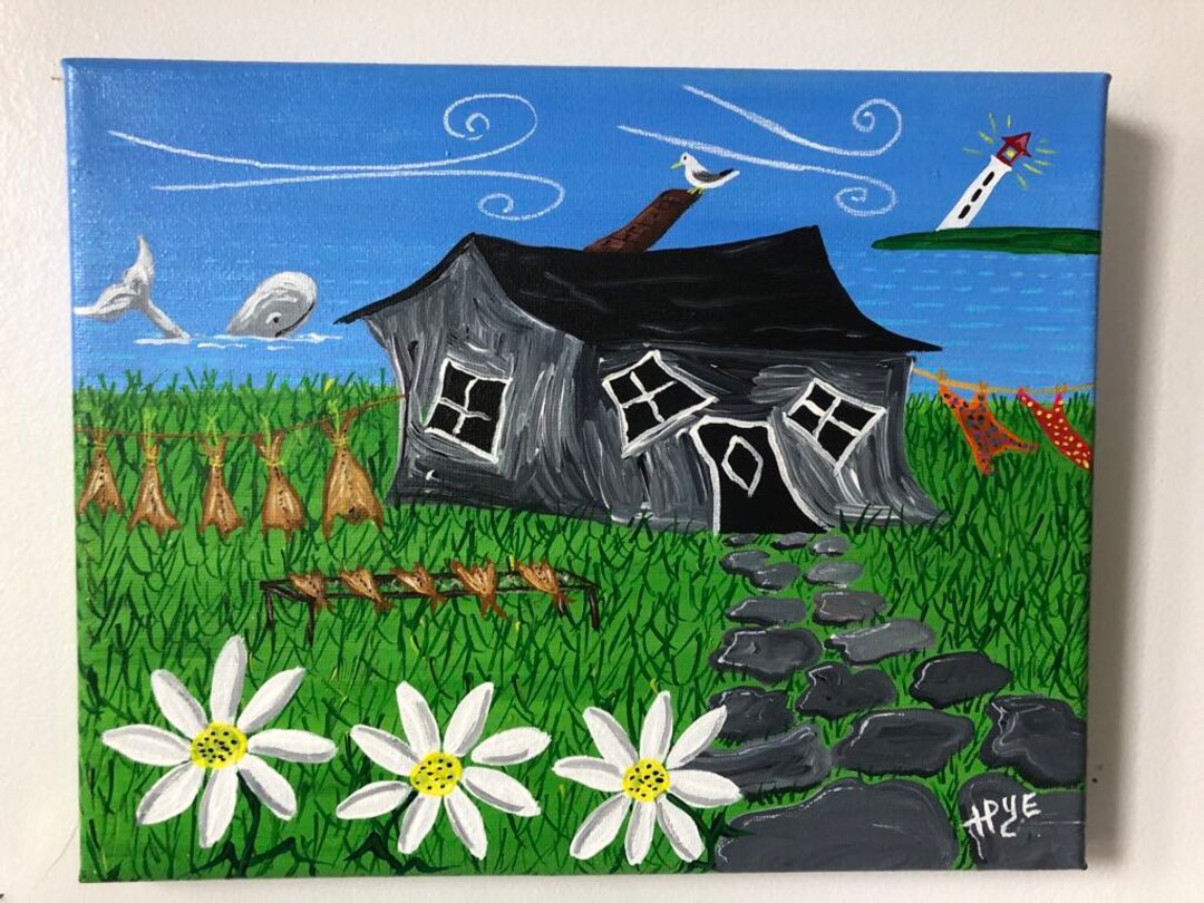 Whimsical Fishing Shack and Whale Nova Scotia Painting Naive Art Helen ...