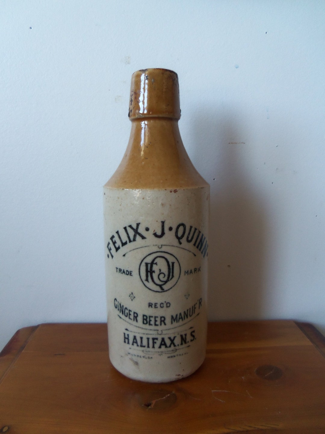 Rare Felix .J. Quinn Ginger Beer Bottle Nova Scotia Stoneware Beer ...