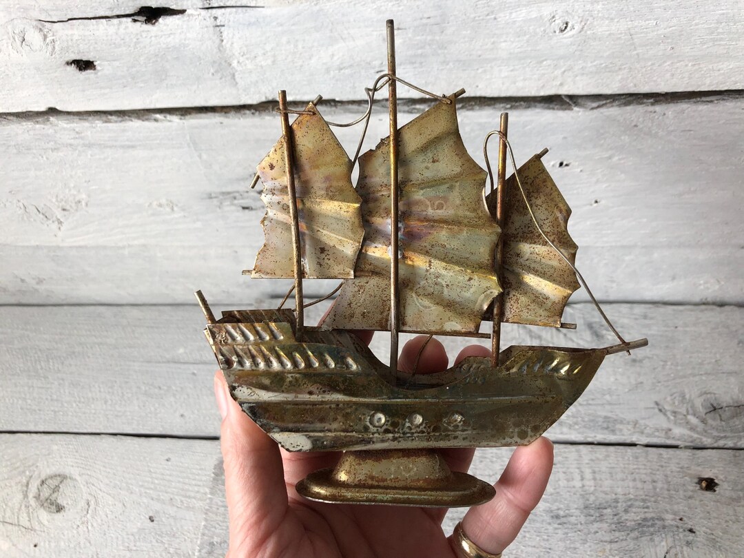 Vintage Tin Boat - Tall Ship Decor - Nautical Cottage Decoration - Sail ...