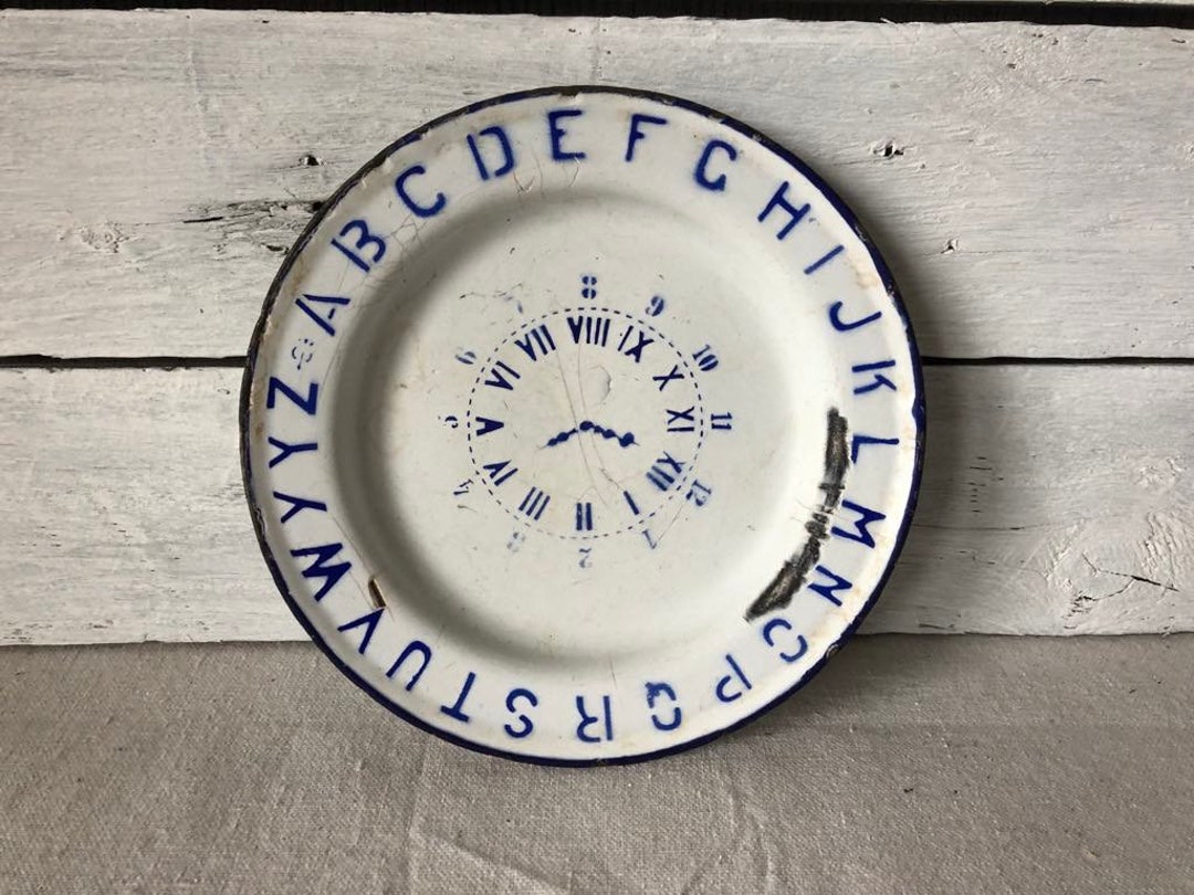 Antique ABC and Clock Learning Plate Childes Blue and White Enamel ...