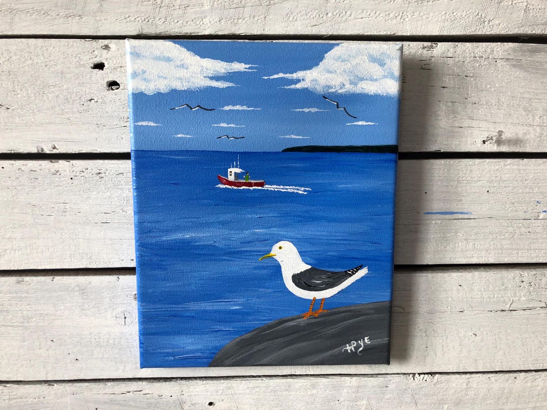 Original Nautical Painting Fishing Boat and Seagull Art Folk Art ...