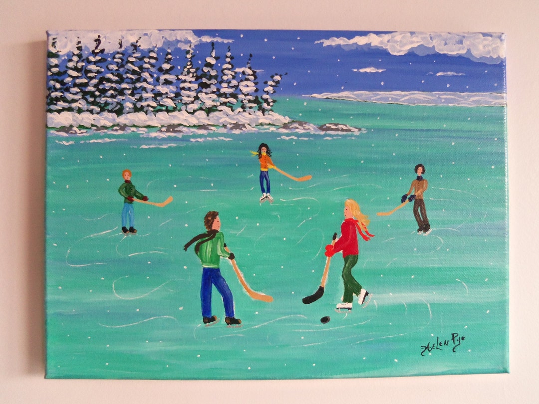 Kids Skating Painting Original Folk Art Painting 9x12 Playing Hockey on ...
