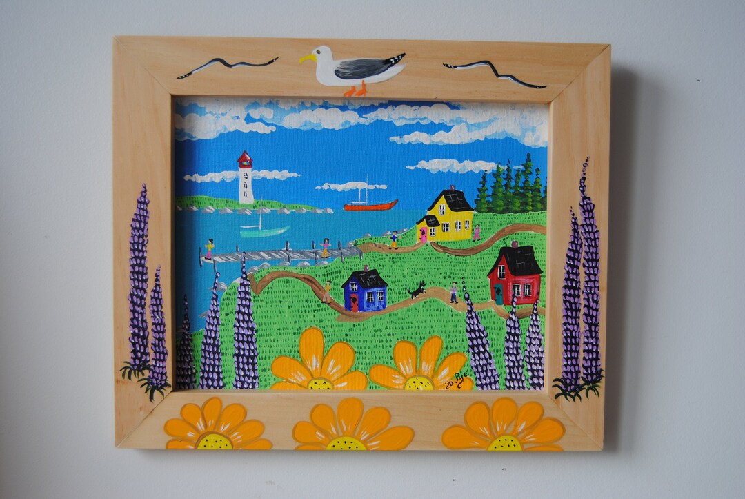 Bright Happy Folk Art Painting - Nautical Coastal Wall Art -rural Nova ...